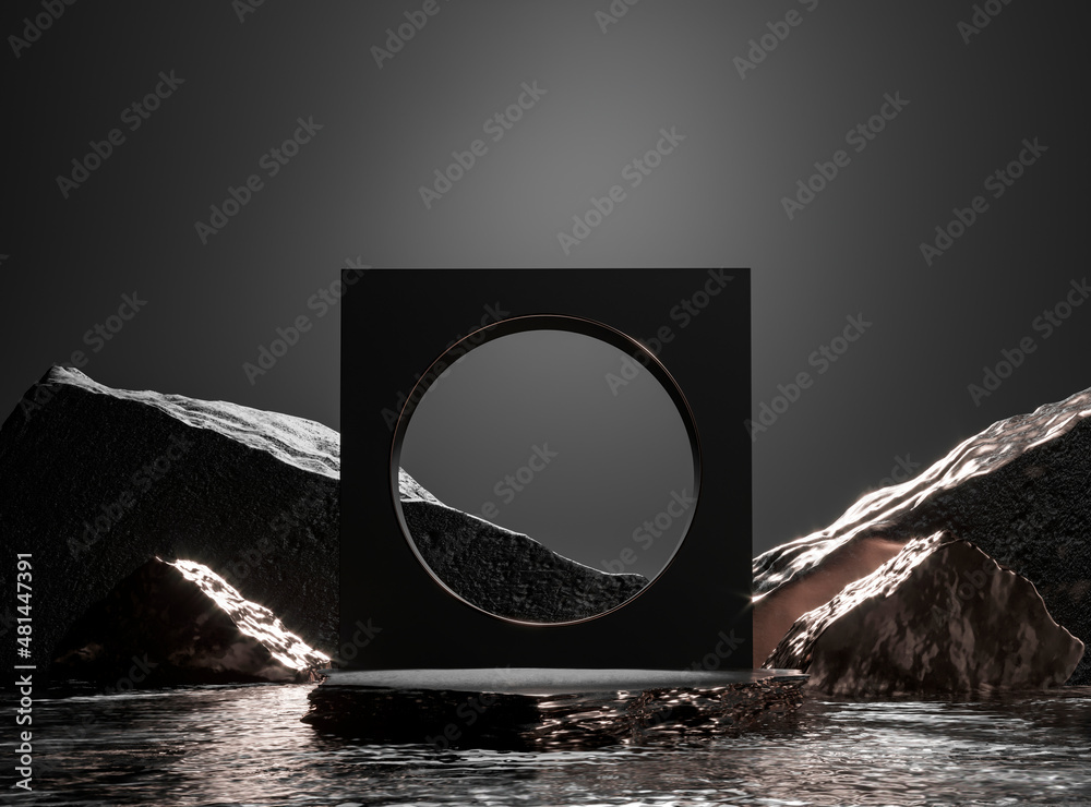 Round rough stone pedestal. Black cylinder in dark water. 3d render ...