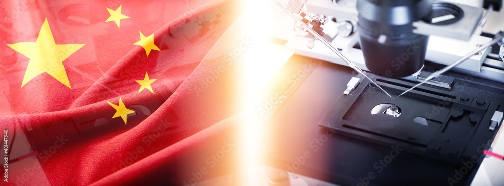 Microelectronics in China. Production of computer boards. China flag ...