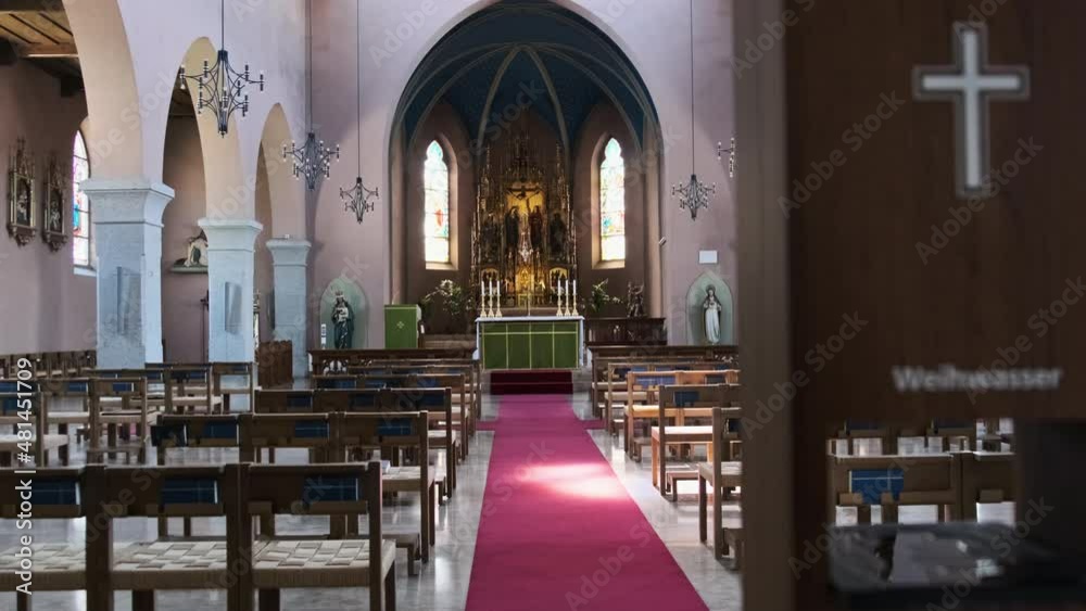 Vídeo do Stock: Empty catholic cathedral inside, wooden benches for ...