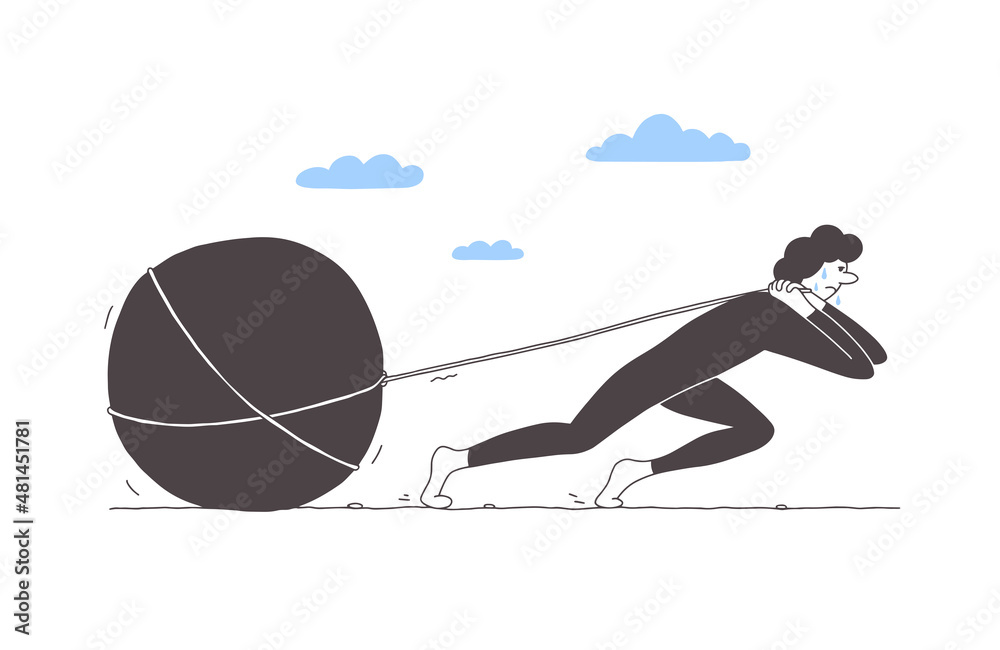 Cartoon character pulling big stone on rope. Unhappy man with sweat ...