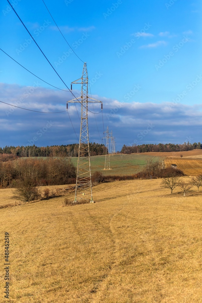 High voltage power tower and beautiful nature landscape in the Czech ...