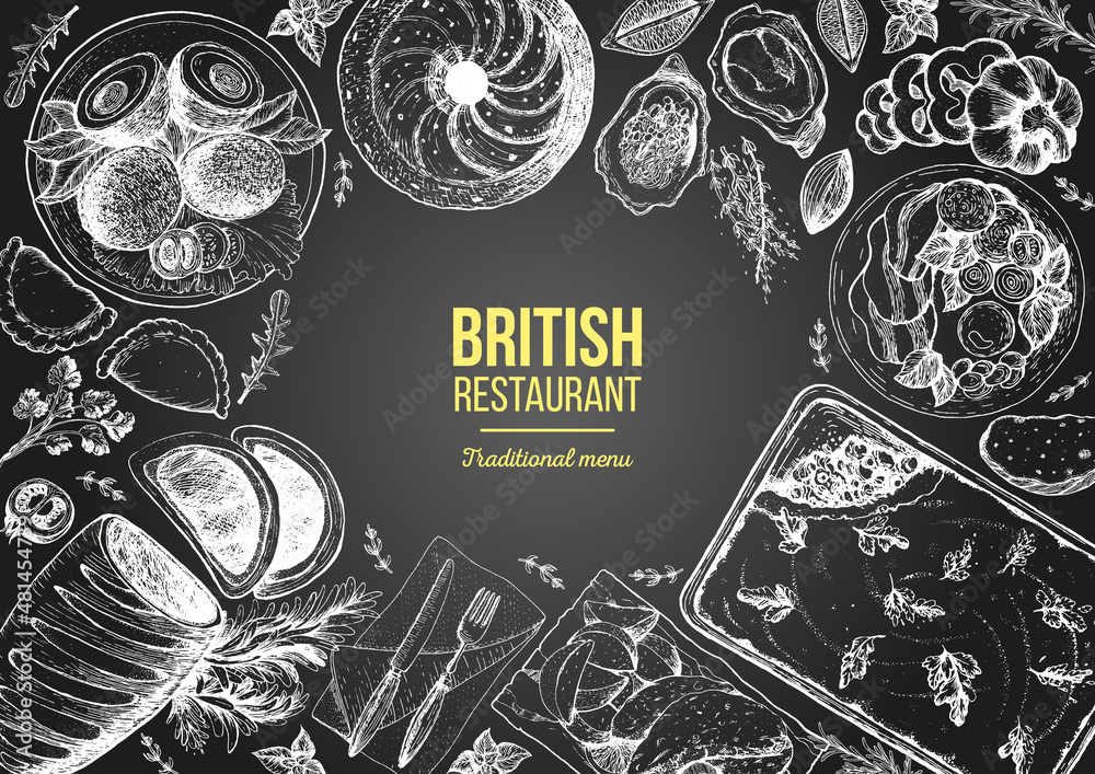 British cuisine top view frame. Food menu design with traditional ...