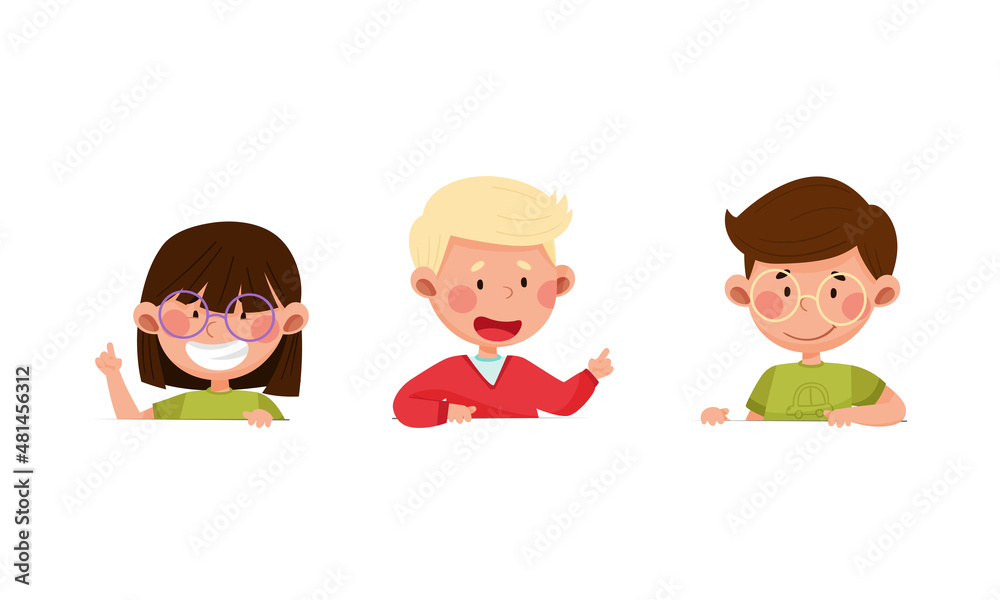 Smiling kids peeking out from wall with copy space or looking over ...