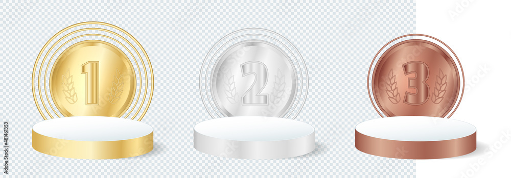 Gold, silver, bronze winner podium set. Realistic 3D award stage on ...