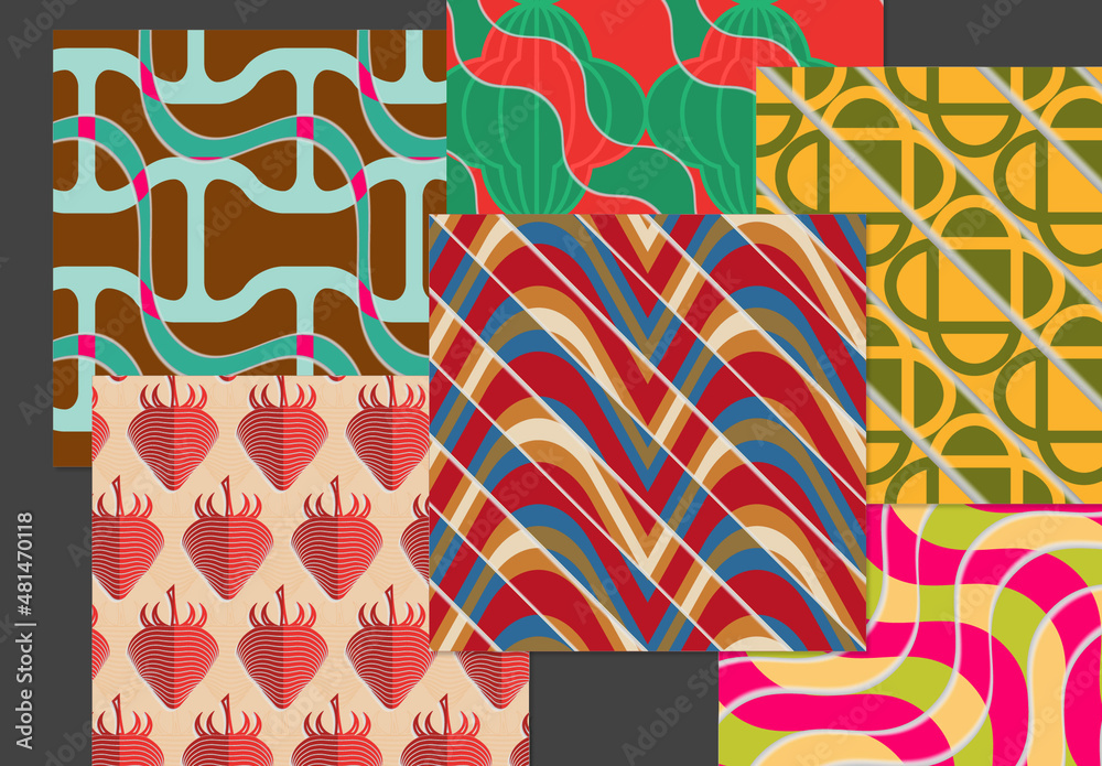Seamless Pattern Set with Retro Colored Geometric Shapes and 3D Shadow ...