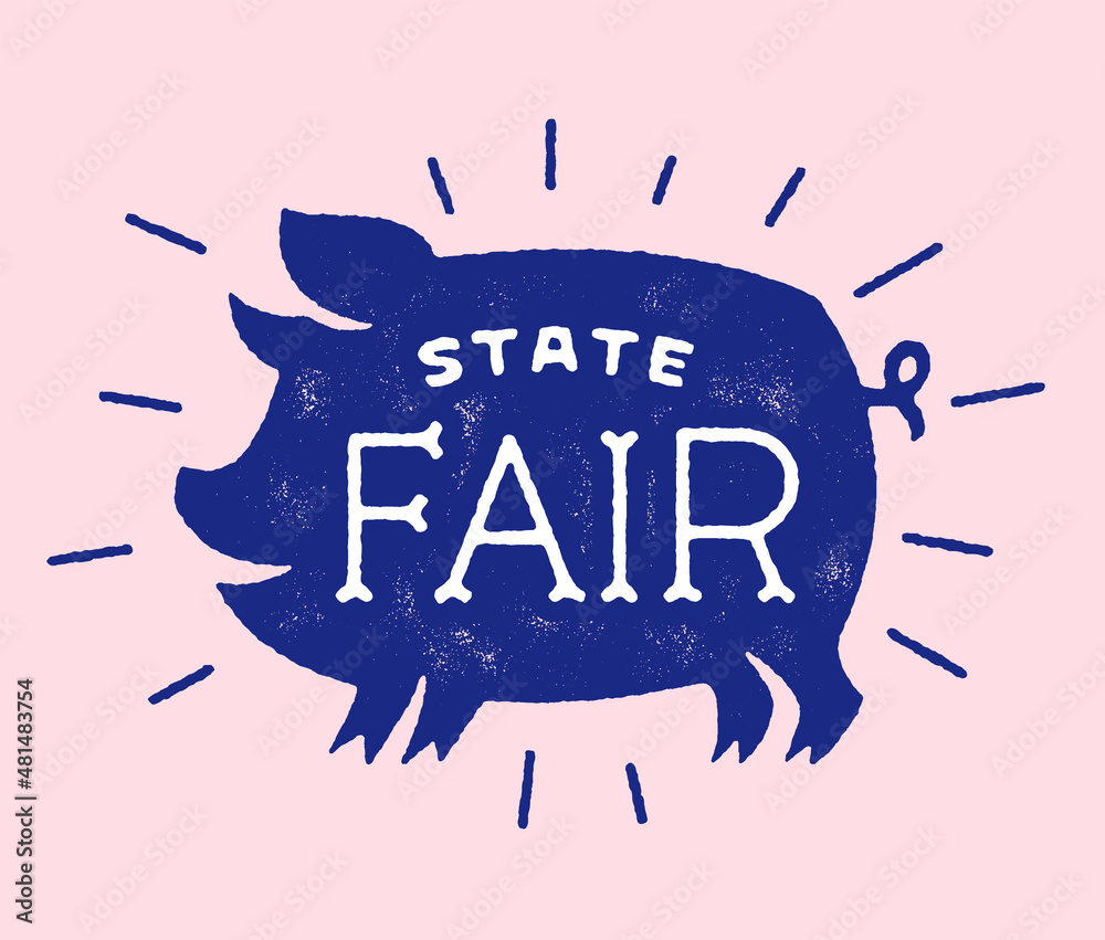 Cute pig logo badge with organic textured look. Happy funny cheerful ...