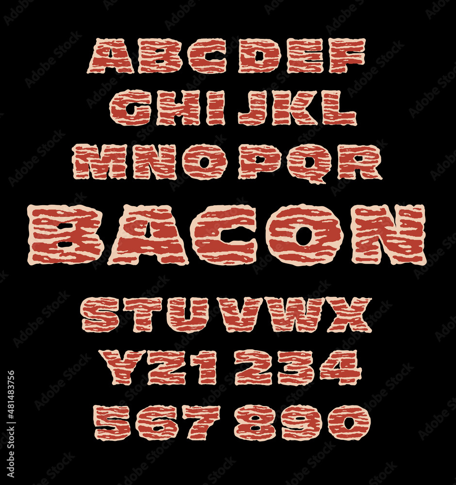 Bacon Alphabet. Pork meat textured typeface. Vintage bacon slice ...