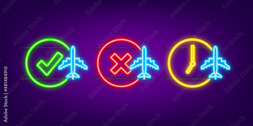 Flight information neon check mark. Qr code scan icon. Exclamation mark ...