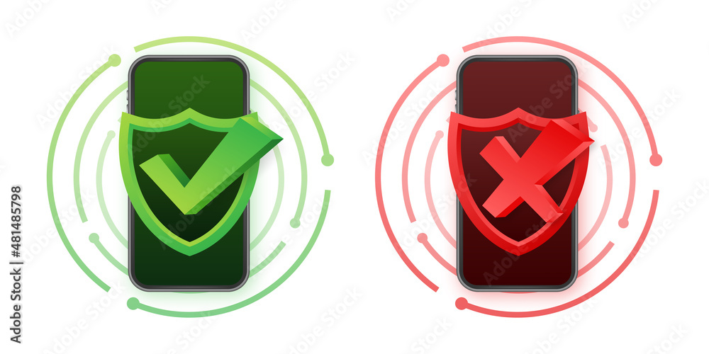 Smartphones with checkmarks set. Tick and cross check marks. Vector ...