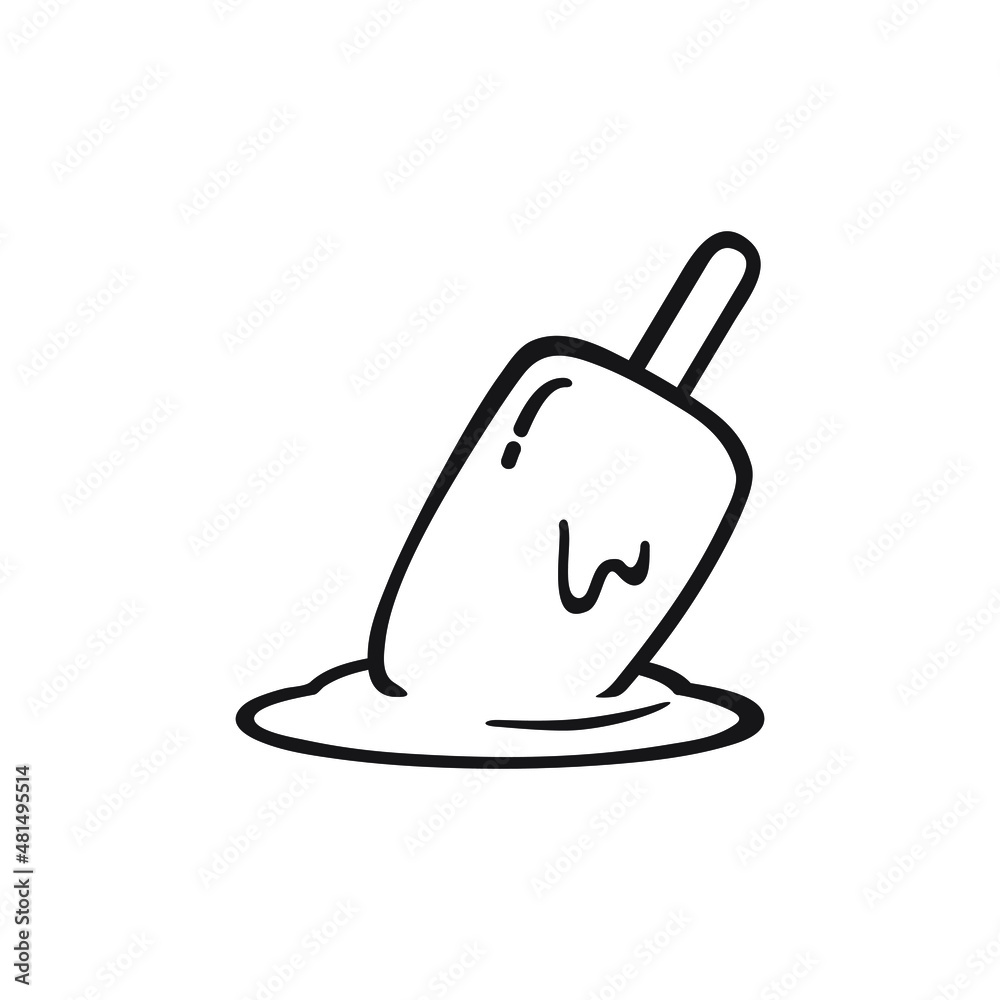 Black single melted popsicle on the floor line icon. Simple falling ...