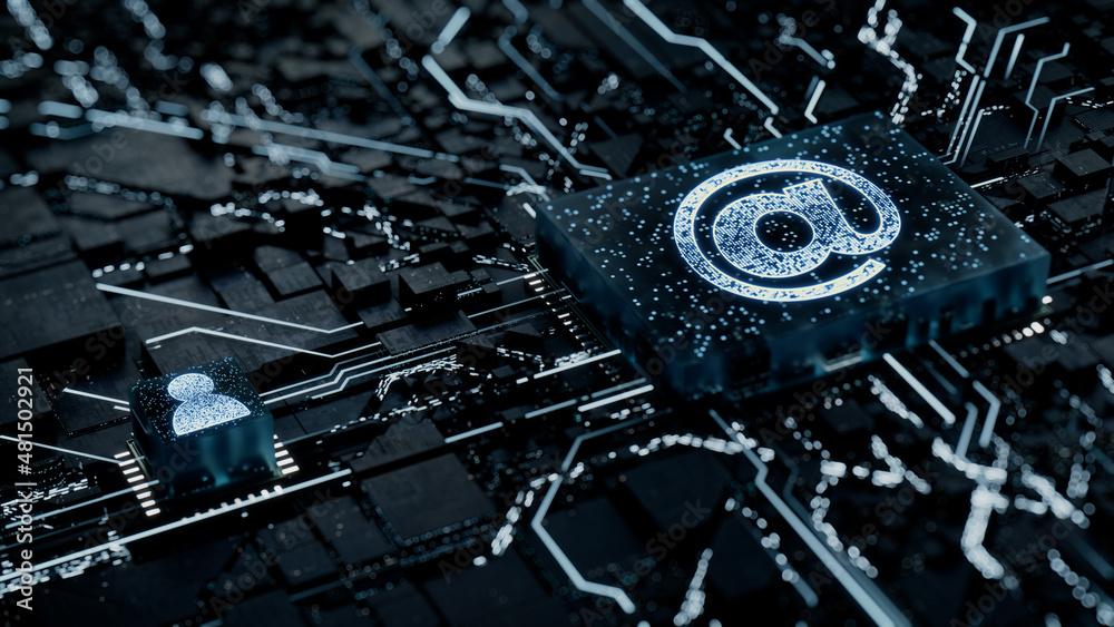 Email Technology Concept with @ symbol on a Microchip. White Neon Data ...