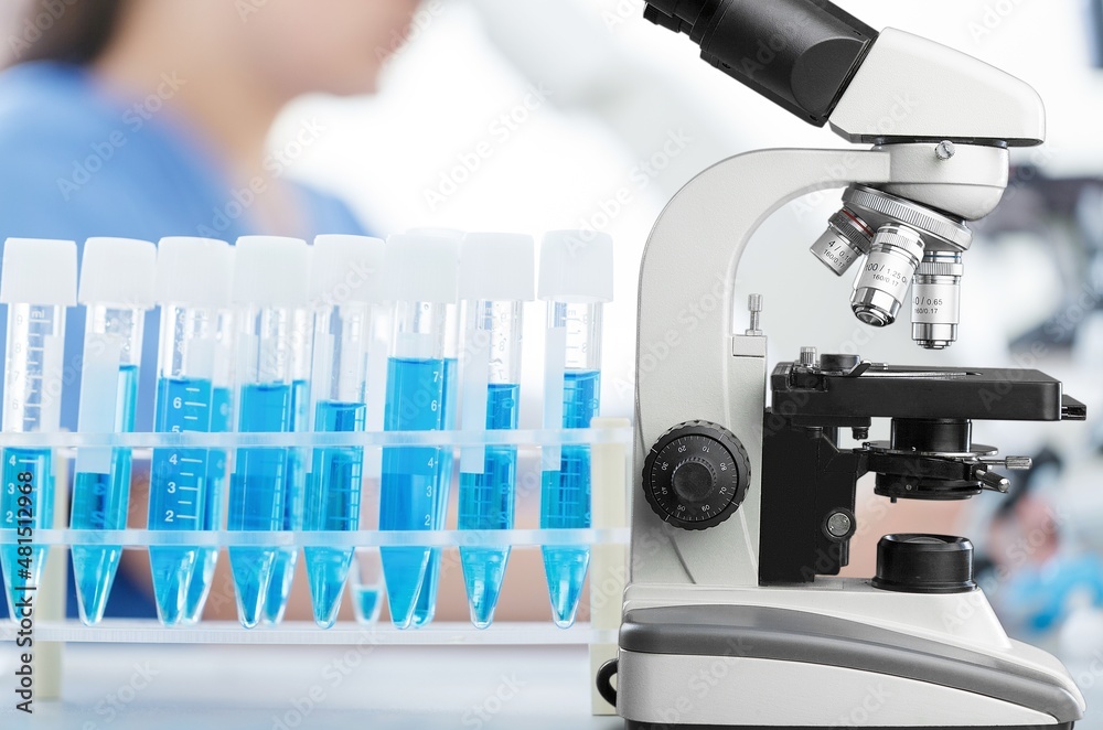 Microscope and tubes for analysis in a hospital blood bank. research ...