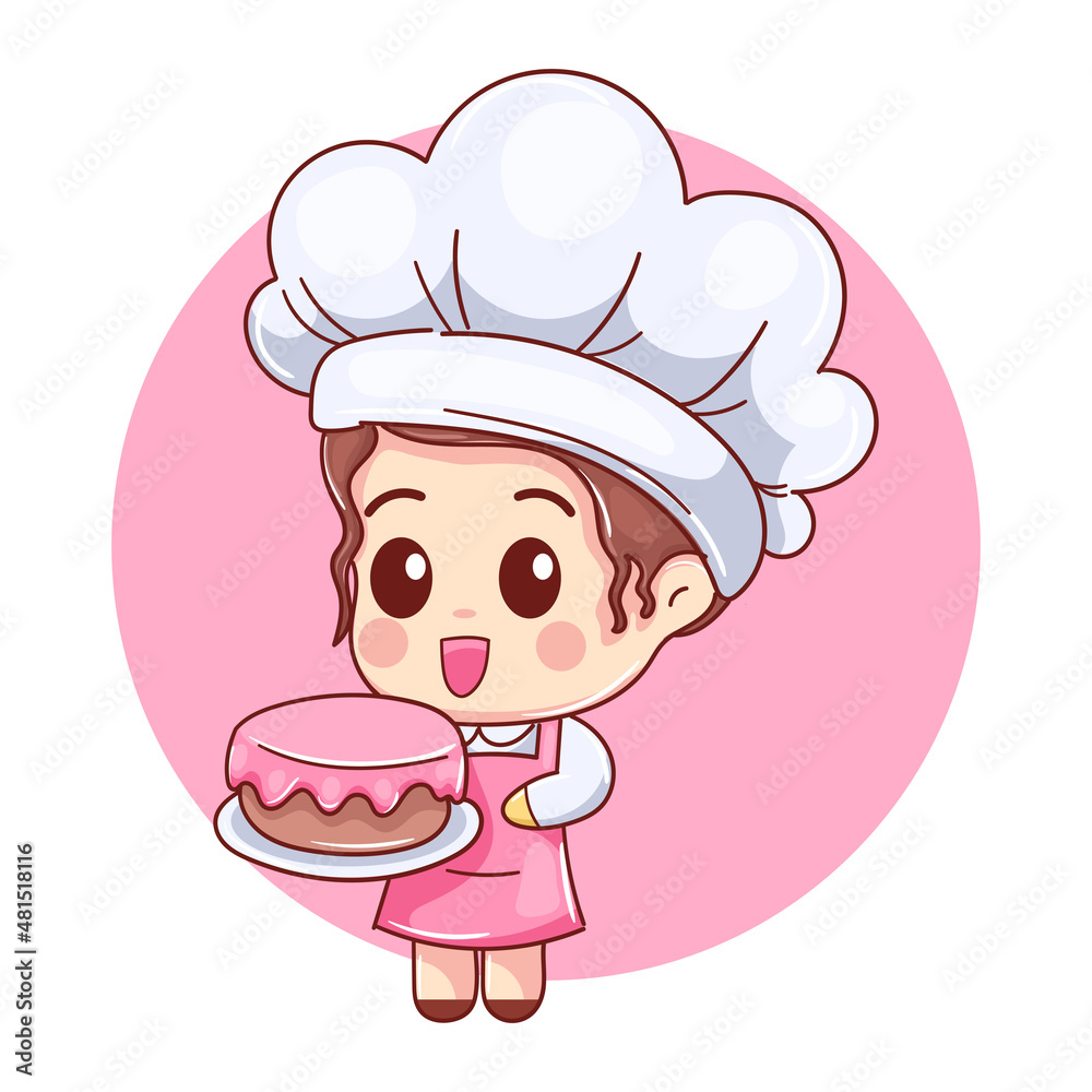 cartoon style pastry girl showing beautiful and delicious cake Stock ...