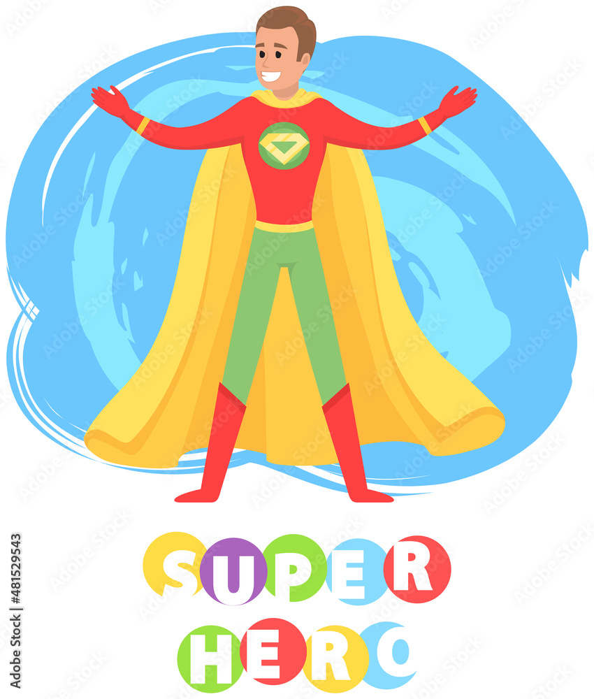 Strong super man smiles and flies to save world stretched out his hand ...