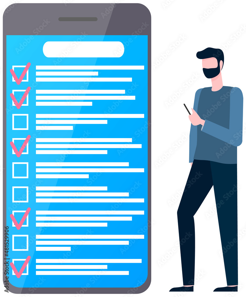 Month scheduling, to do list, time management app. Man stands near to ...