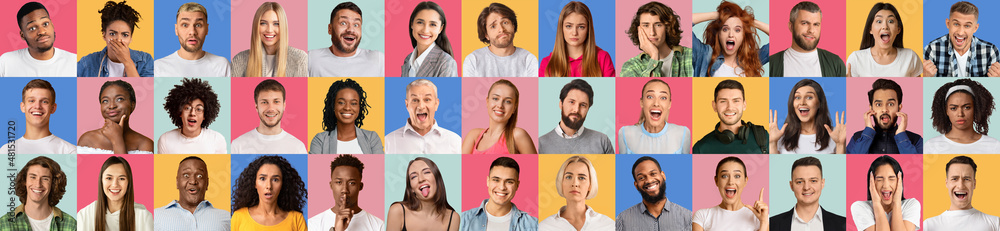 Set of diverse real people portraits expressing various emotions at ...