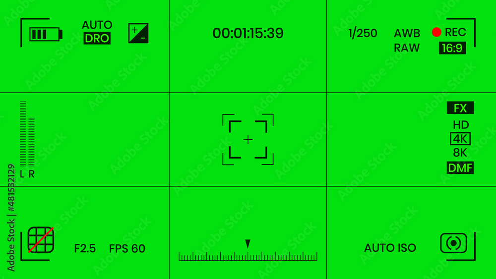 Green colored chroma key camera rec frame viewfinder overlay background ...