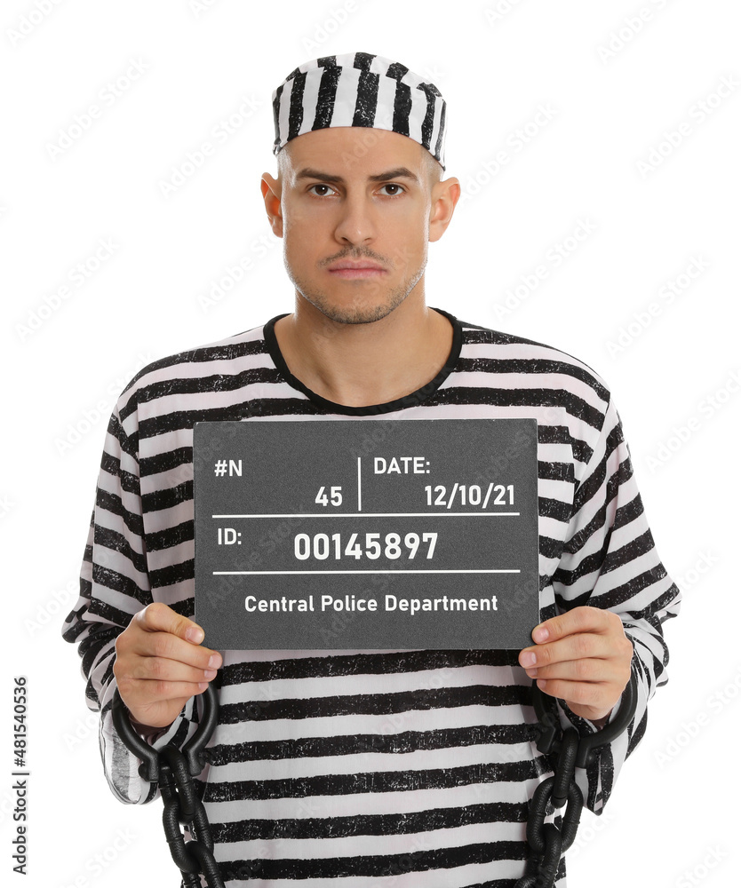 Mug shot of prisoner in striped uniform with board on white background ...