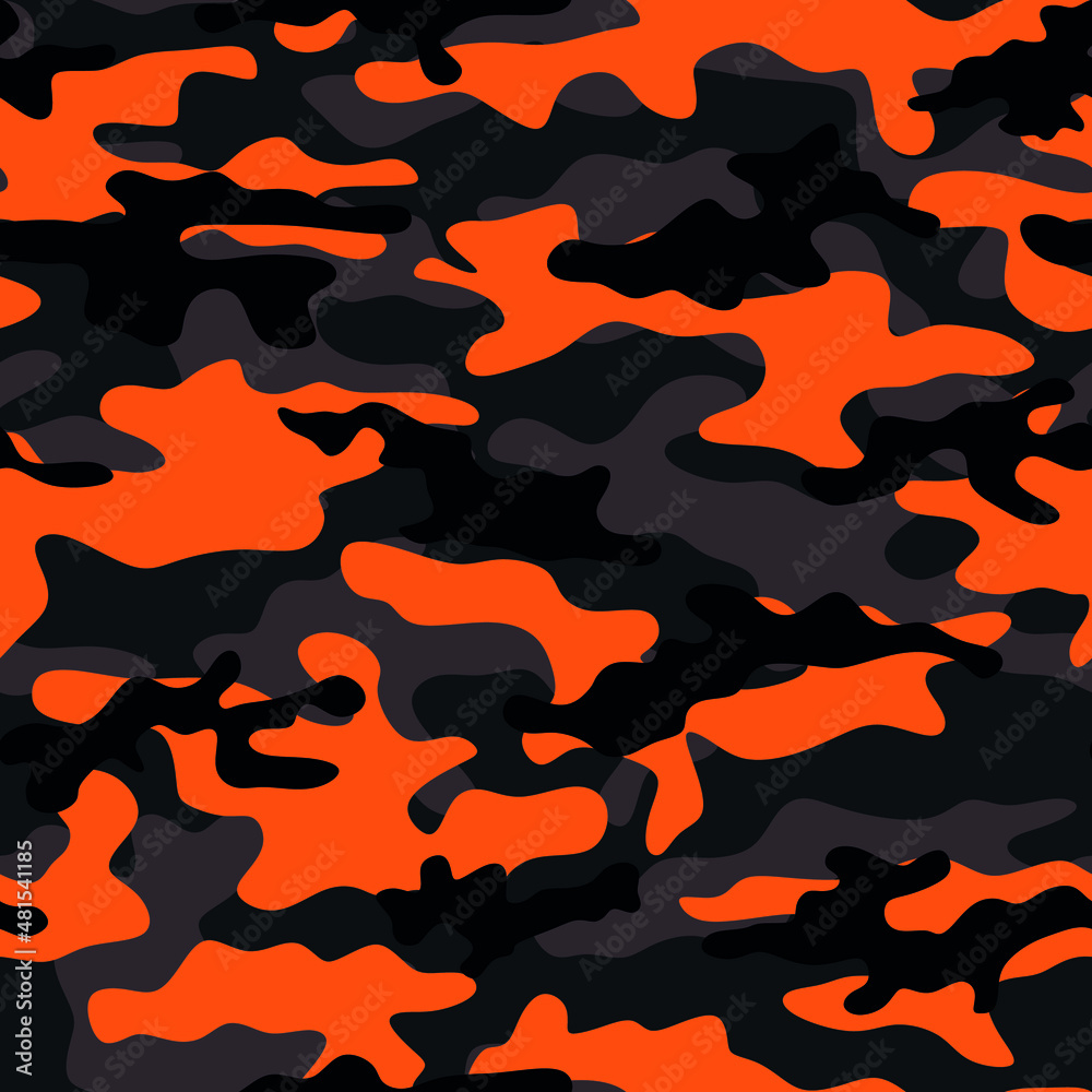 Camouflage on a black background with orange spots. Army pattern for ...