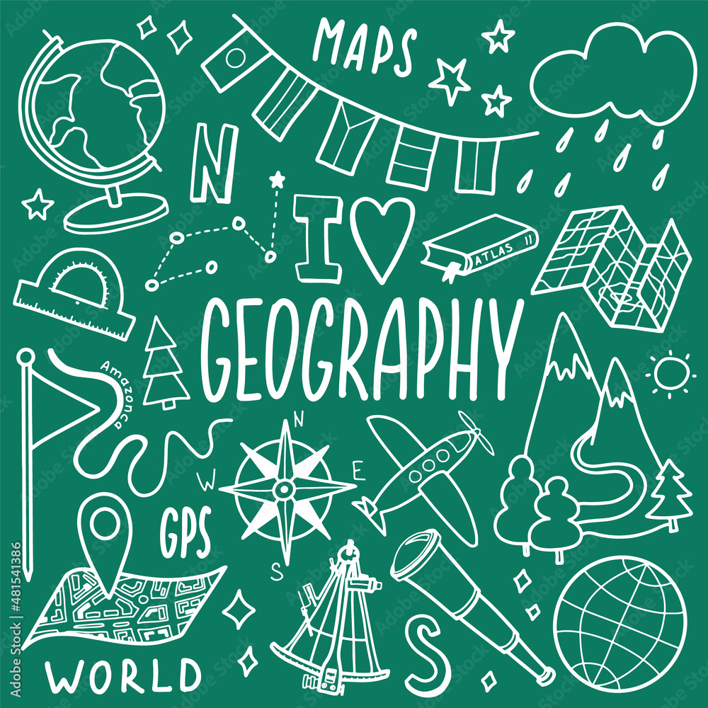 Geography symbols icon set. School subject design. Education outline ...