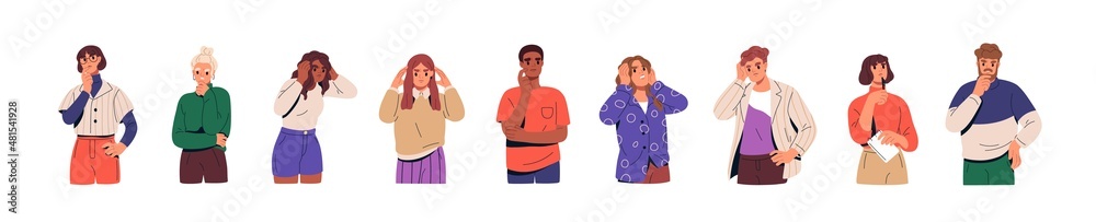 Confused men and women in doubts and thoughts. Puzzled pensive people ...