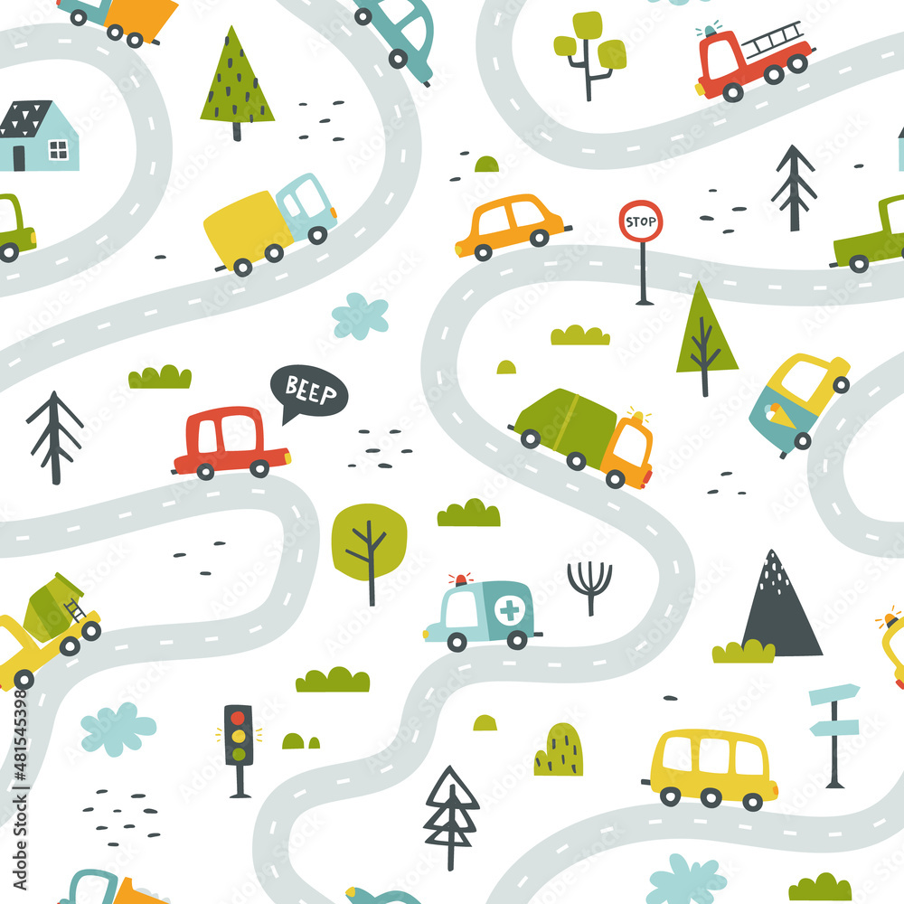 Road map with cars doodle pattern. Highway traffic abstract print for ...