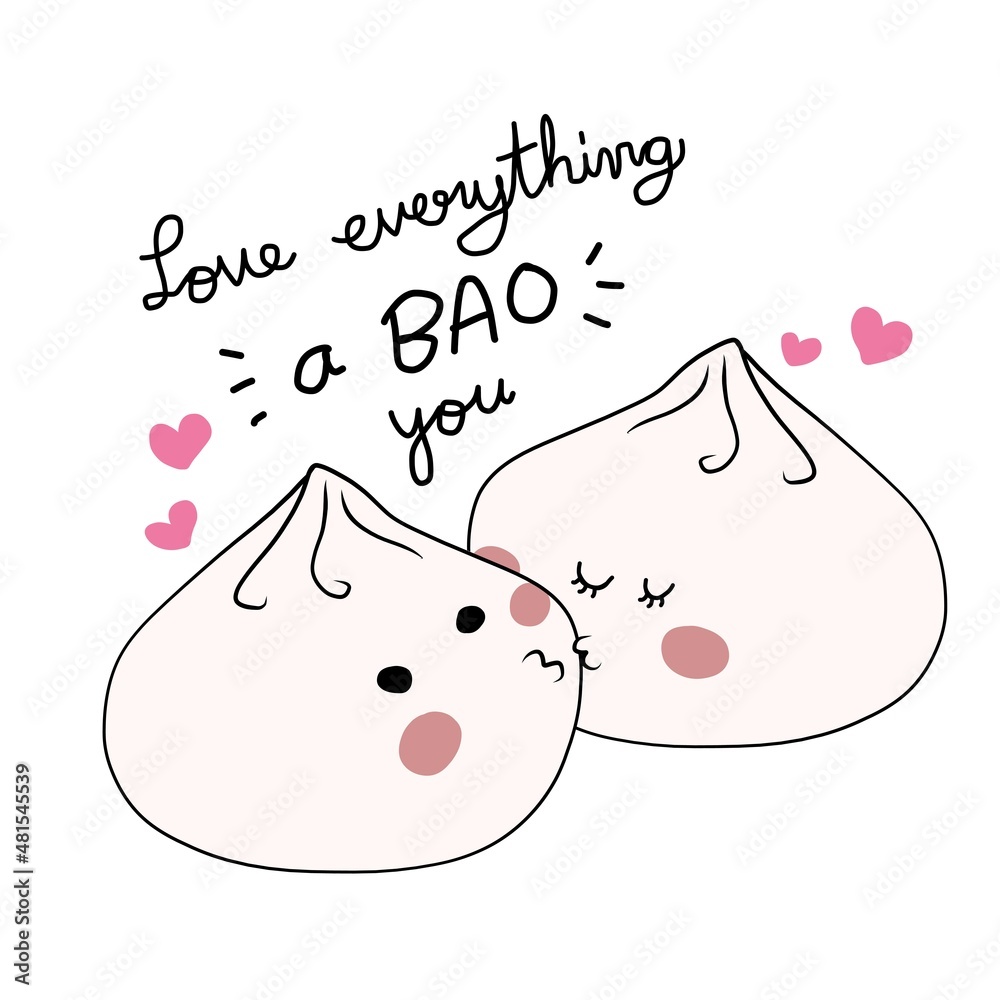 Love everything a bao you, two bao (Chinese bun) kissing cartoon vector ...