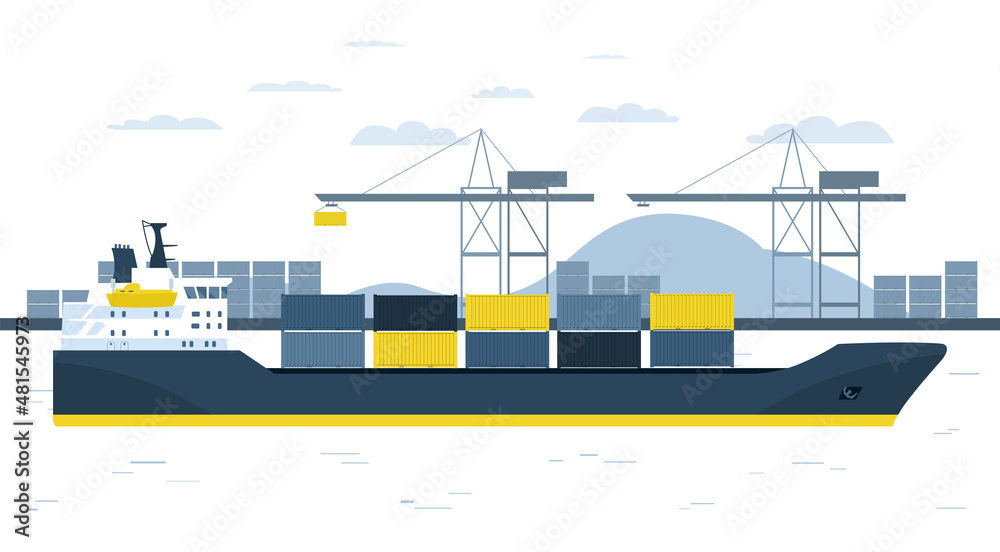 Container ship against the background of a container terminal. Vector ...