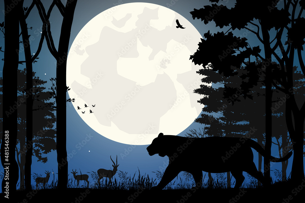 cute tiger and moon silhouette Stock Vector | Adobe Stock