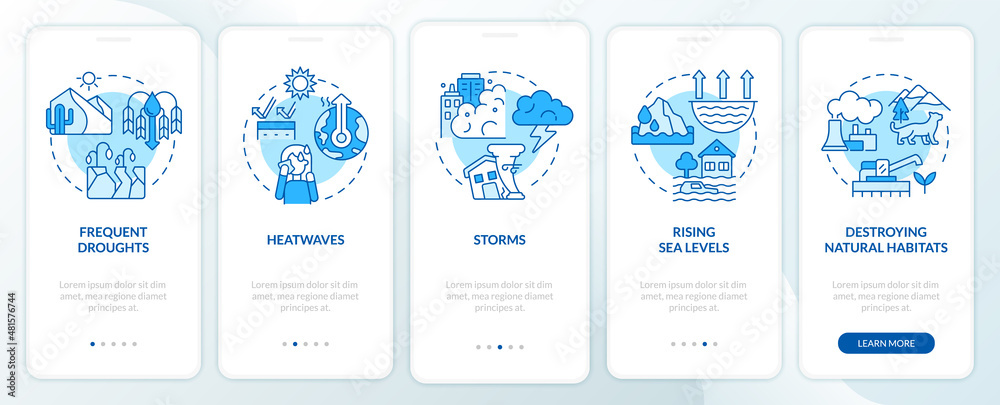 Effects of climate change blue onboarding mobile app screen ...