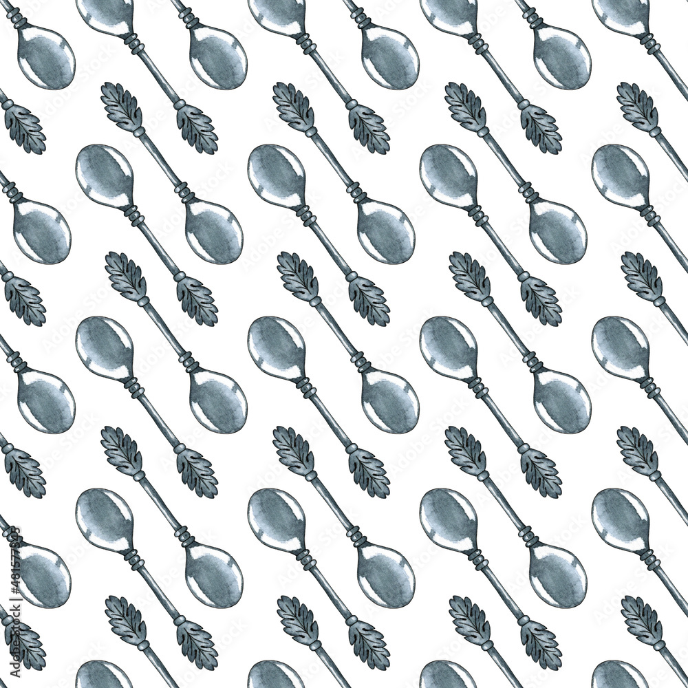 Watercolor illustration pattern tea silver spoon. Seamless repeat print ...