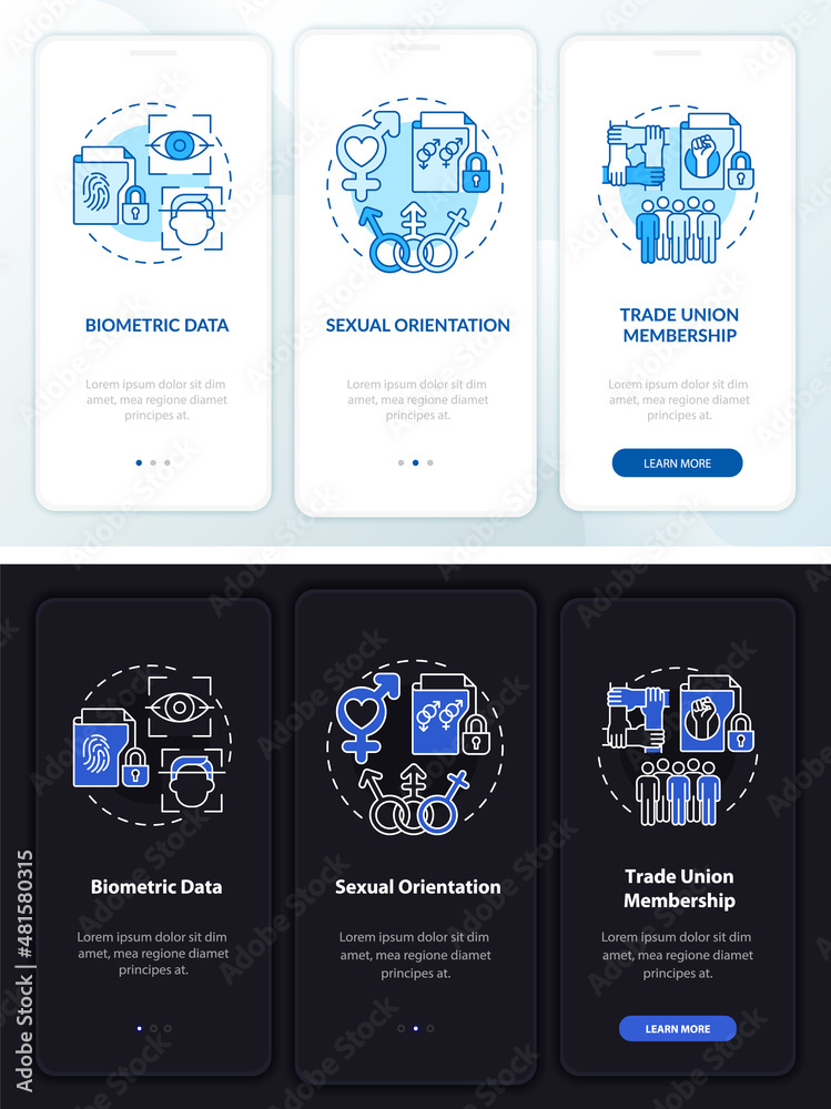 Types of personal data night and day mode onboarding mobile app screen ...