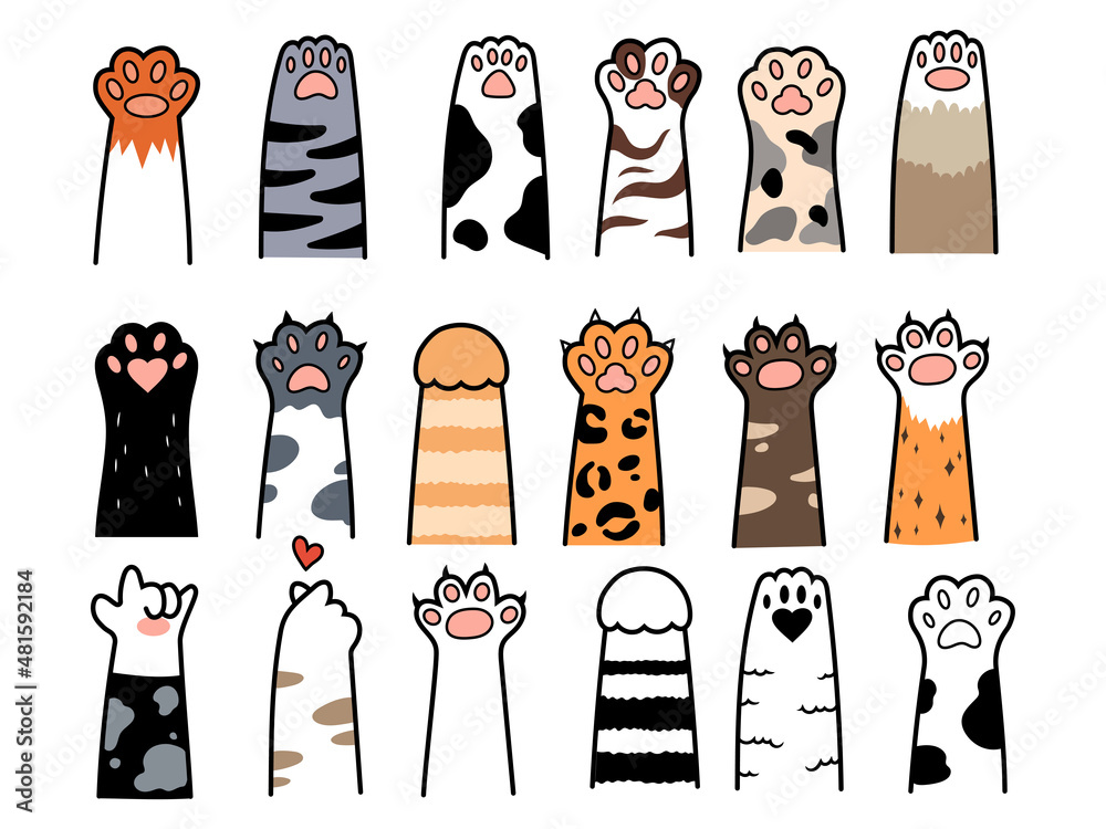 Set of cat paws. Collection of cartoon footprints of kitty. Vector ...