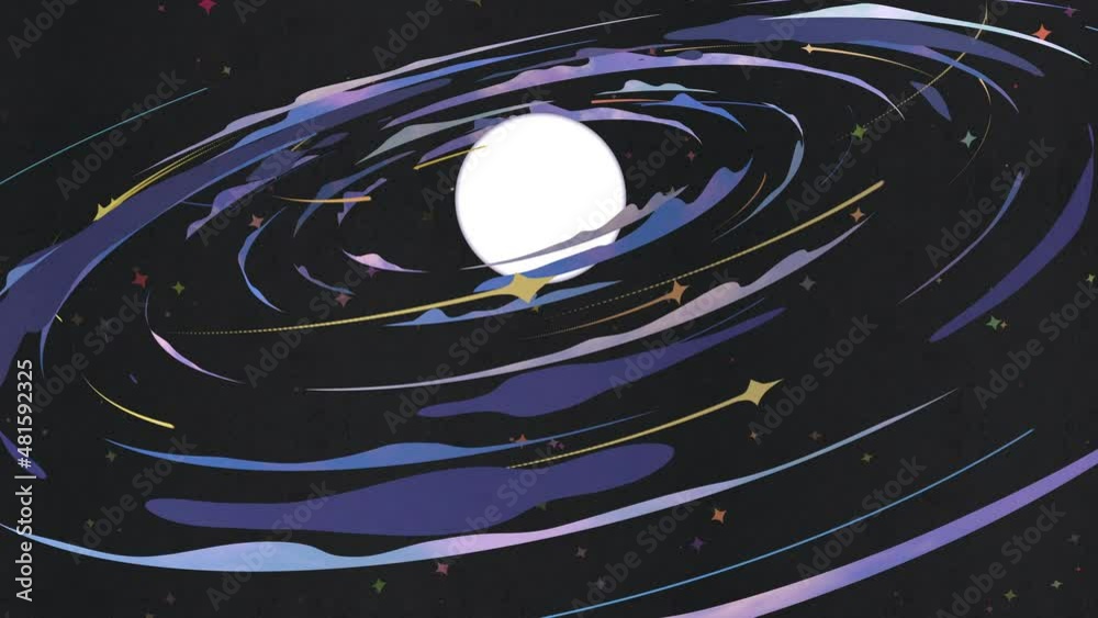 Cartoon cosmos, with the rotation of stars and clouds around the sun ...