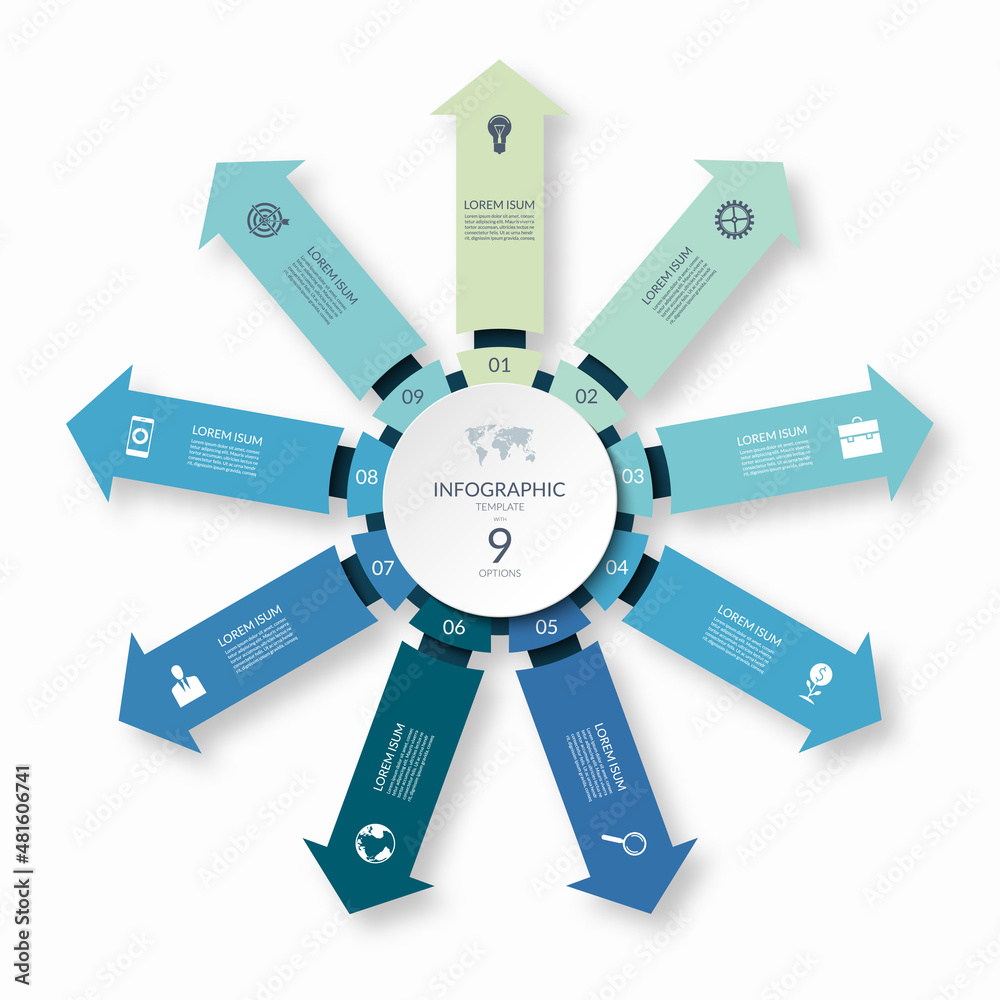 Infographic circle with 9 arrows pointing from the center. 9-step ...