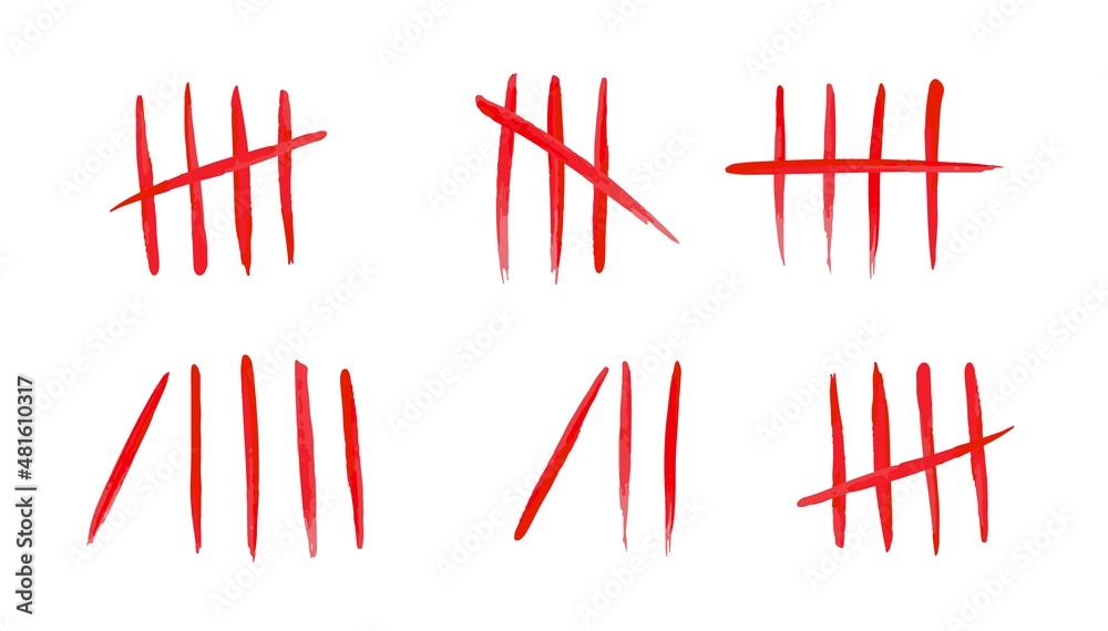 Tally marks set on white background. Collection of blood red hash marks ...