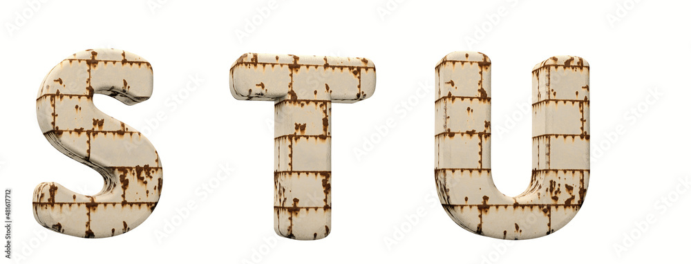 Old rusty metal. Letters S, T, U. Alphabet retro 3d render. Isolated in ...