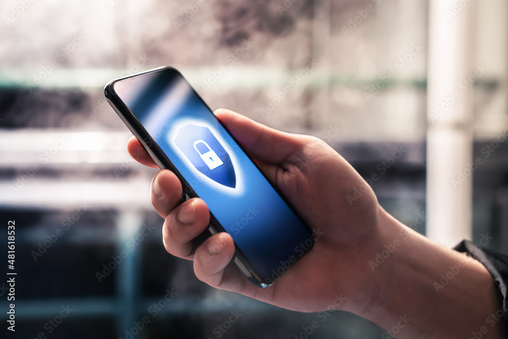 Cybersecurity in mobile phone against scam, hack and fraud. Encrypted ...