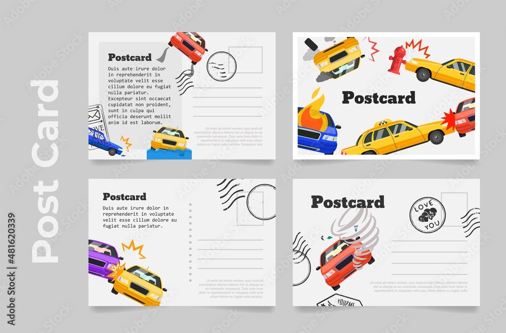 Car crash postcard template collection vector flat set automobile ...