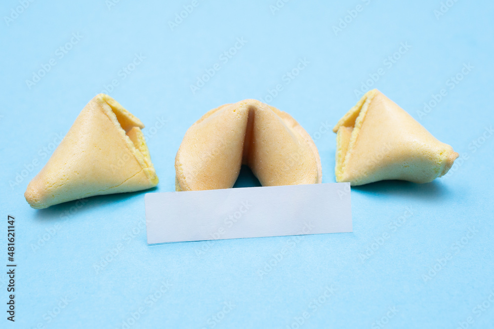 Fortune cookie on a blue background and place for text. Mockup. Blank ...