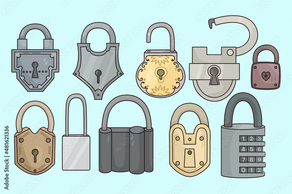 Set of locks for security and protection. Collection of various ...