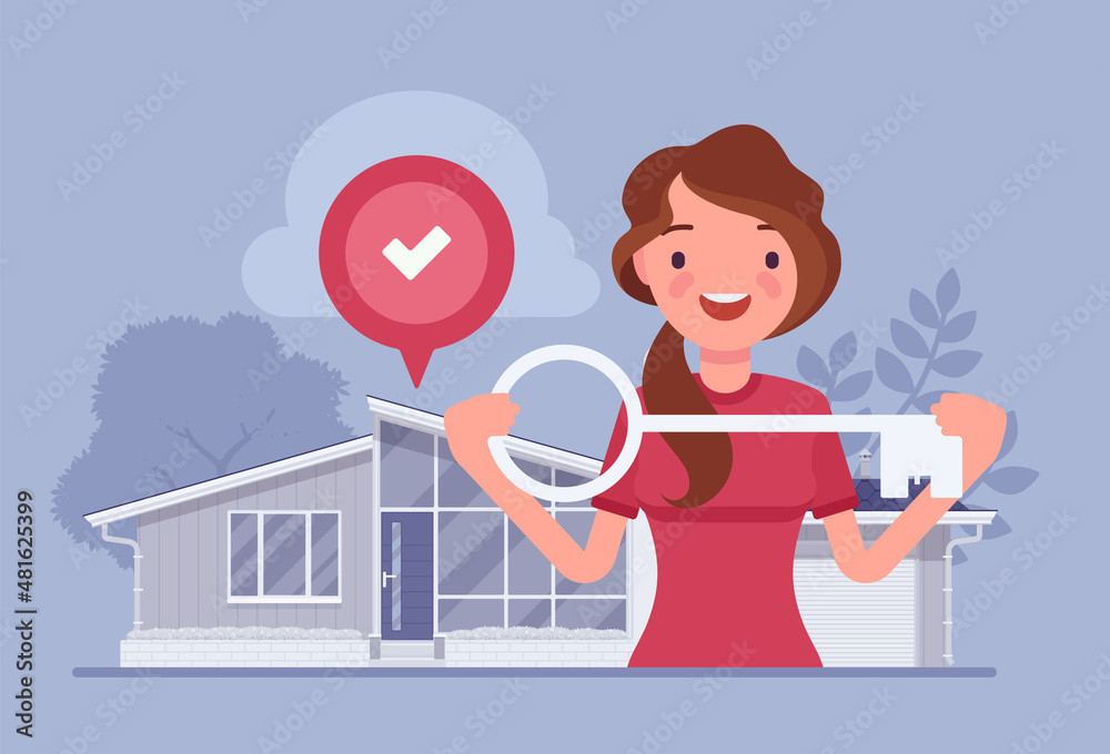 Happy homeowner, young woman with a key, owns the house. Moving to ...