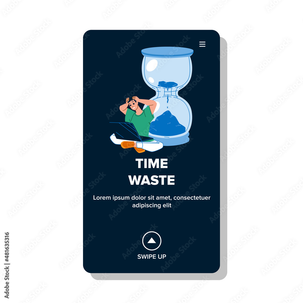 Time Waste Boy On Computer In Internet Vector. Young Man Time Waste ...