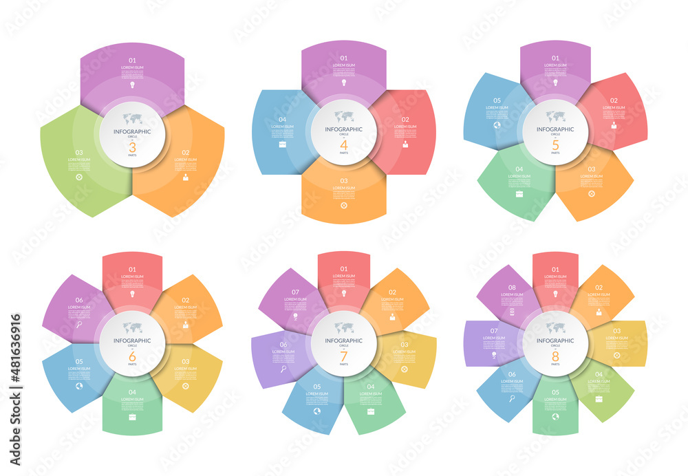 Set of infographic circles, process charts, cycle diagrams with 3, 4, 5 ...