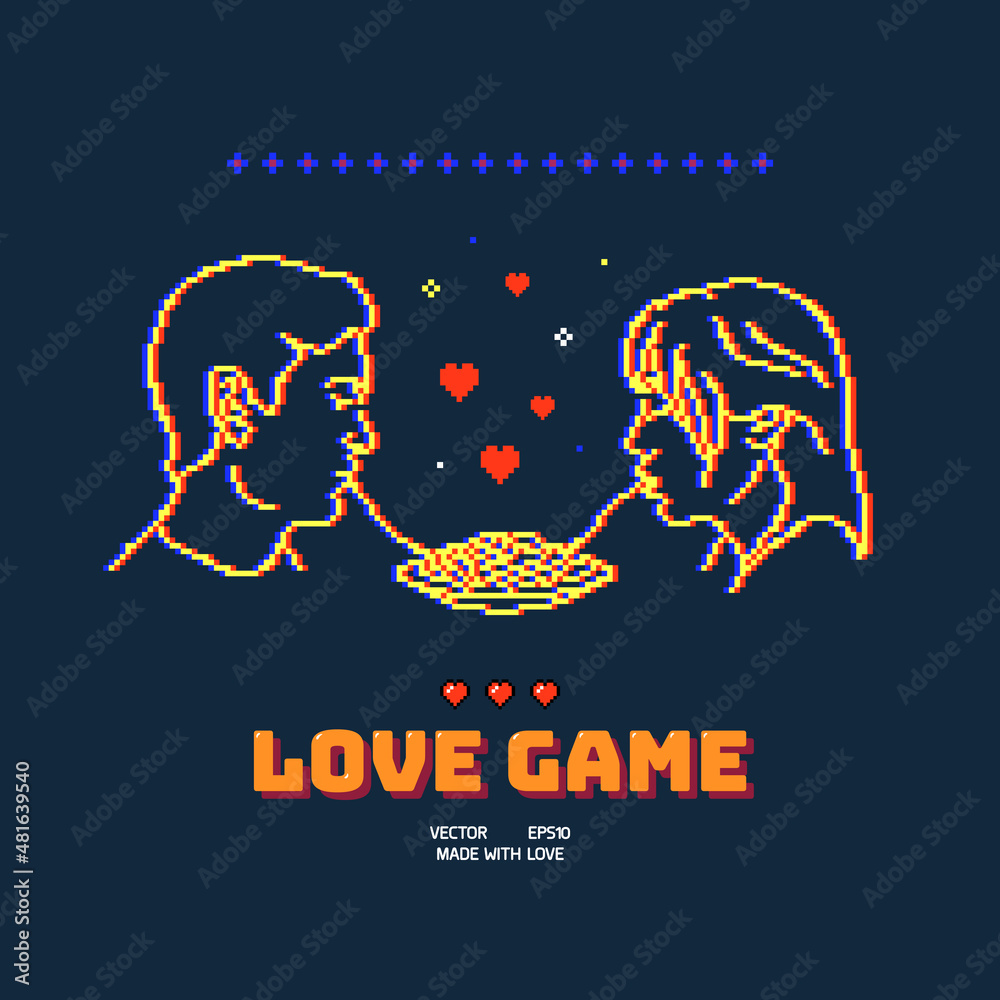 Poster Loving couple eat spaghetti. People in love. Pixel game art ...