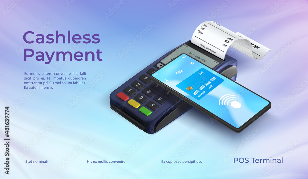 Cashless phone payment technology poster with pos terminal. Wireless ...