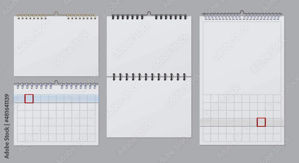 Realistic blank wall calendars mockups with spiral and table. Paper ...