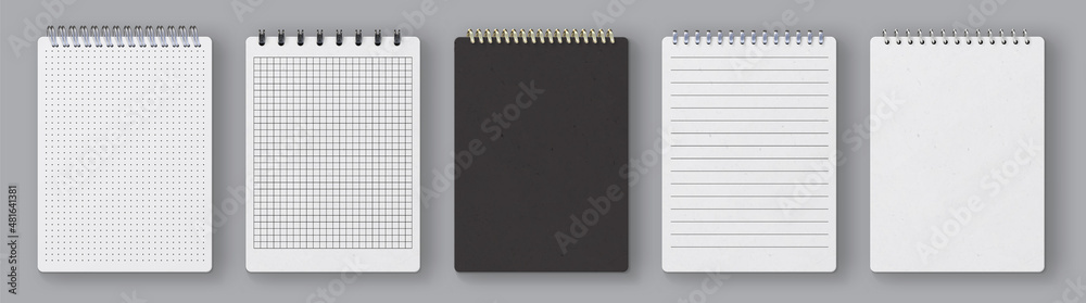 Realistic notebook cover mockup and paper pages with lines and grid ...