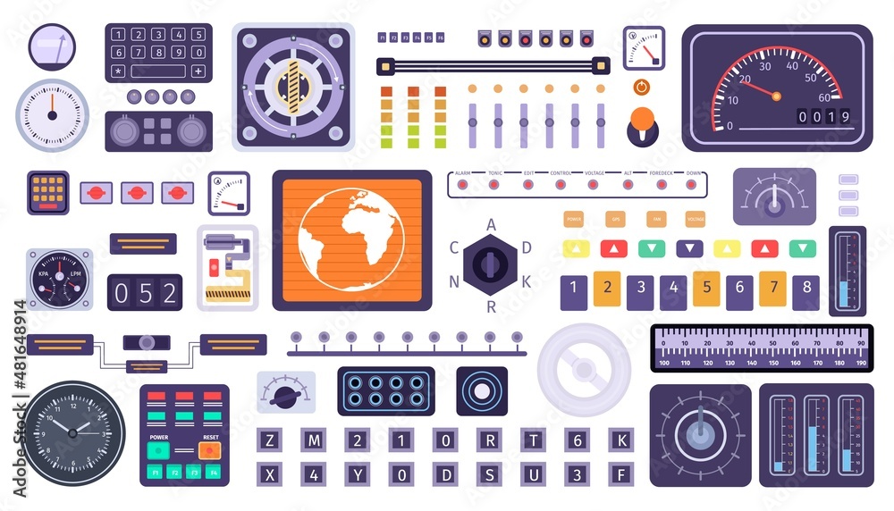 Control panel elements, spaceship switches, buttons, dials and screens. Flat retro spacecraft ...