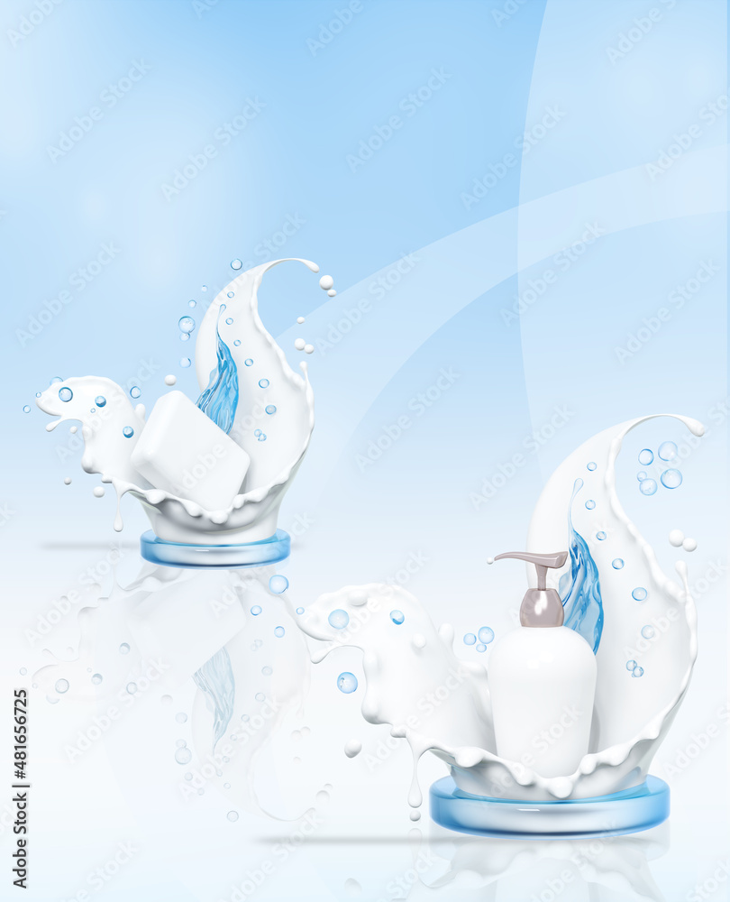 Soap splash on blue background. Soap advertisement design. Washing ...